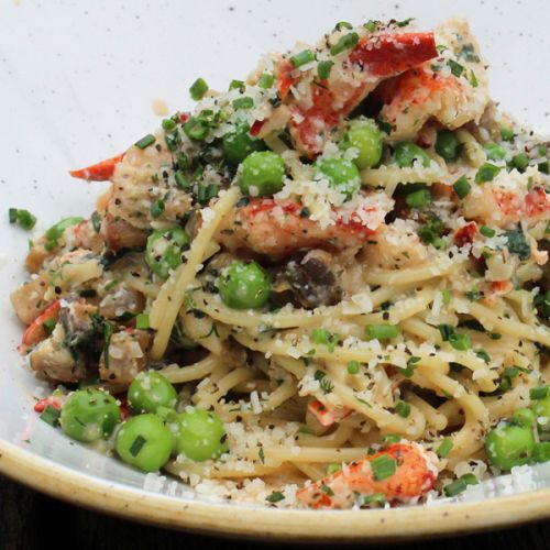 Lobster Carbonara With Spaghetti Pancetta English Peas Parmesan
